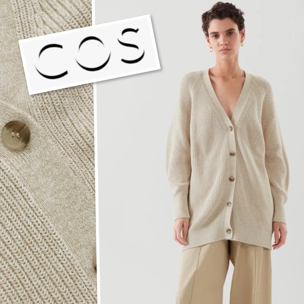 Cos Longline V-Neck Cardigan Ribbed Knit Cotton In Cr… - Gem